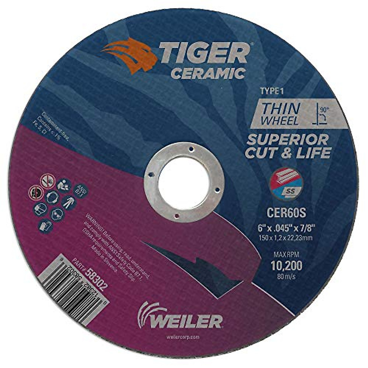 Weiler 58302 6 x .045 Tiger Ceramic Type 1 Cut Off Wheel CER60S 7/8 A.H (Pack of 25)