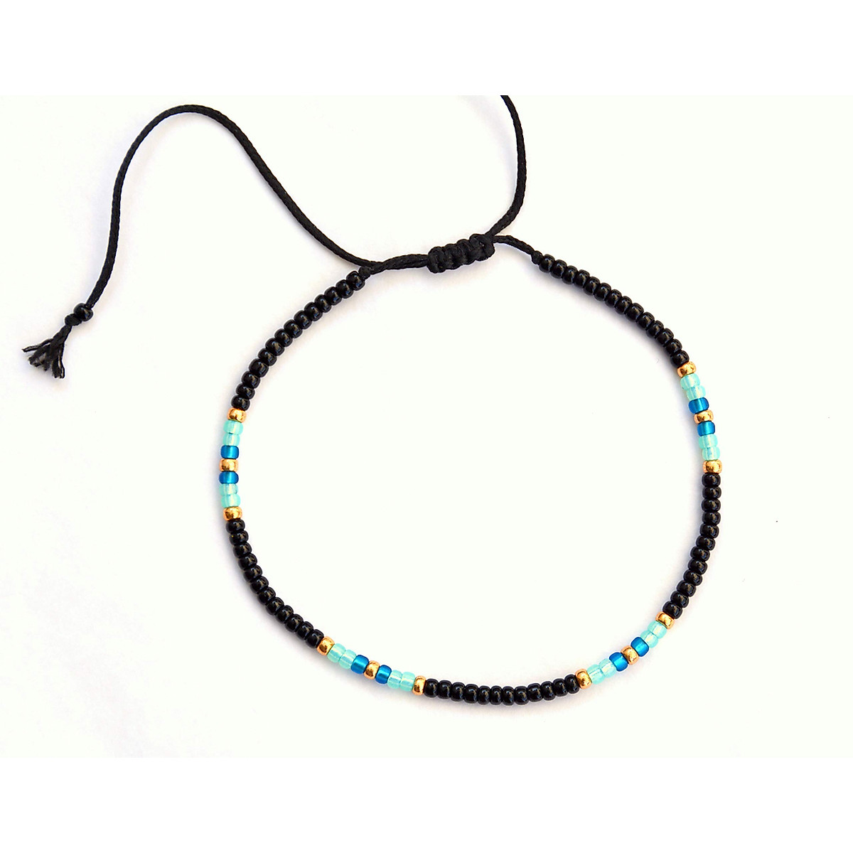 Anklet for Women, Unique Beaded Thin Anklet, Black Gold Colorful Boho Hippie Waterproof Beach Foot Jewelry, Native American Style, Handmade by Tribes (S-M (adjustable))