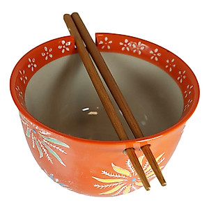 Ebros Japanese Design Ceramic Ramen Udong Noodles Bowl and Chopsticks Set For Asian Dining Soup Rice Gourmet Meal As Taste of Asia Collection Of Bowls Decor Kitchen Decorative (Orange Flower Blossoms)