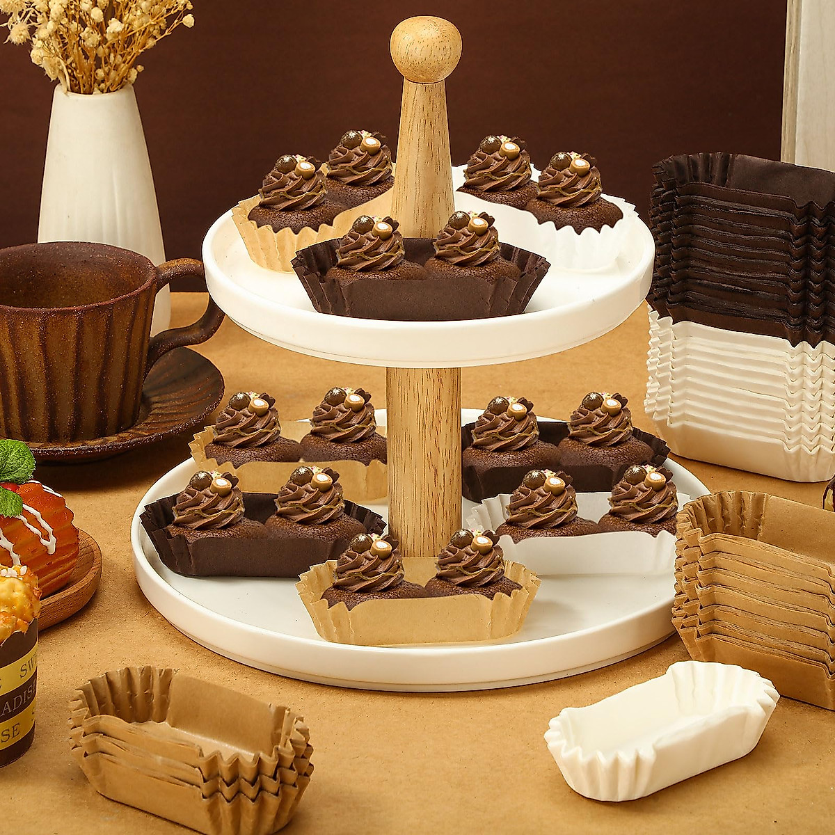 Mifoci 600 Pcs Oval Cupcake Papers Disposable Brownie Baking Cups Cake Loaf Pan Liners Boat Shaped Mini Muffin Cupcake Wrappers for Weddings Birthdays (Solid Style)