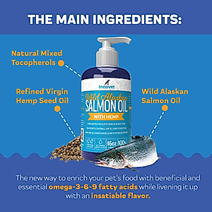 Innovet Pet Products Wild Alaskan Salmon Oil With Hemp Oil for Dogs & Cats–16oz Omega 3 6 Fish Oil Supplement, Supports Hip & Joint Function Natural EPA & DHA Fatty Acids for Shiny Coat & Healthy Skin