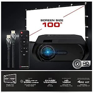 Monster Image Pro 720 HD Extra-Bright LCD Projector, 2000 Lumens, Projects Up to 16ft, Max Resolution: 1080 HD, Universal Image/Audio/Video Support, AV/USB/HDMI/SD Input
