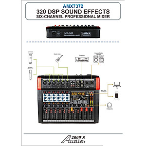 Audio2000'S AMX7372 Six-Channel Audio Mixer with 320 DSP Sound Effects, Stereo Sub Out with Sub-Out Level-Control Fader, Level-Control Faders on All Channels, and USB/Computer Interface