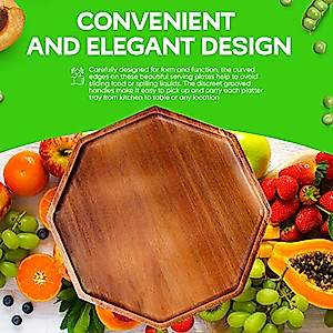 10 Inch Solid Acacia Wood Serving Platters and Trays Set of 2 Highly Durable Dishwasher Safe Octagon Party Plates Avoid Sliding and Spilling Food with Easy Carry Grooved Handle Design
