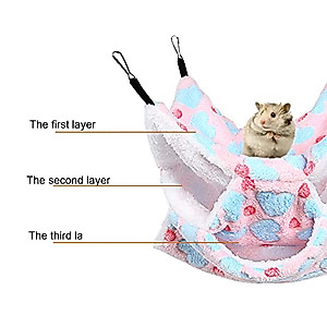 Petmolico Small Pet Cage Hammock, Warm Plush Triple BunkBed Hanging Hammock Cage Accessories for Parrot Sugar Glider Ferret Squirrel Hamster Rat Hideout Playing Sleeping, Pink Heart