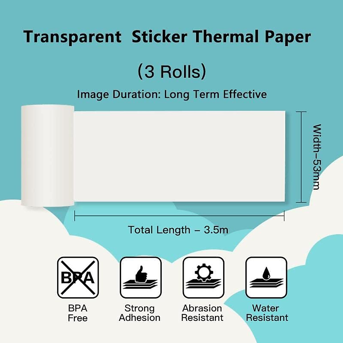 Phomemo Transparent Adhesive Thermal Sticker Paper 50mm, Compatible With Phomemo M02/M02S/M02 PRO/M03/M03AS/M04S/M04AS Mini Thermal Printer, Black Text, 3 Rolls