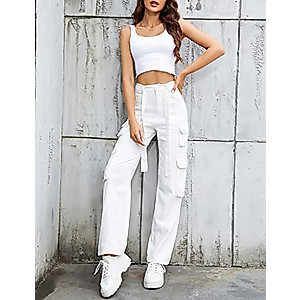 Micoson Women High Waist Cargo Pants with 8 Pockets Straight-Leg Loose Girl Moisture Wicking Oversized White Cargo Jeans White,XXL