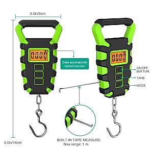 ORIA Digital Fishing Scale with Ruler, Fishing Postal Hanging Hook Scale, 110lb/50kg Waterproof Luggage Scale with Measuring Tape, Luggage Hook, Backlit LCD Display, Green