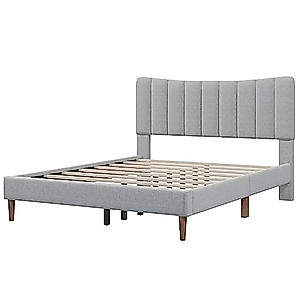 DUNTRKDU Queen Size Bed Frame, Modern Linen Upholstered Platform Bed with Vertical Channel Tufted Headboard for Boys Girls Bedroom Living Room, No Box Spring Needed (Gray)
