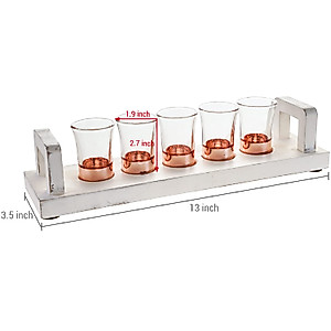 MyGift 2.5 oz Copper-Tone Base Shot Glasses Tasting Board Set - Includes Vintage White Wood Serving Tray and 5 Shot Glasses