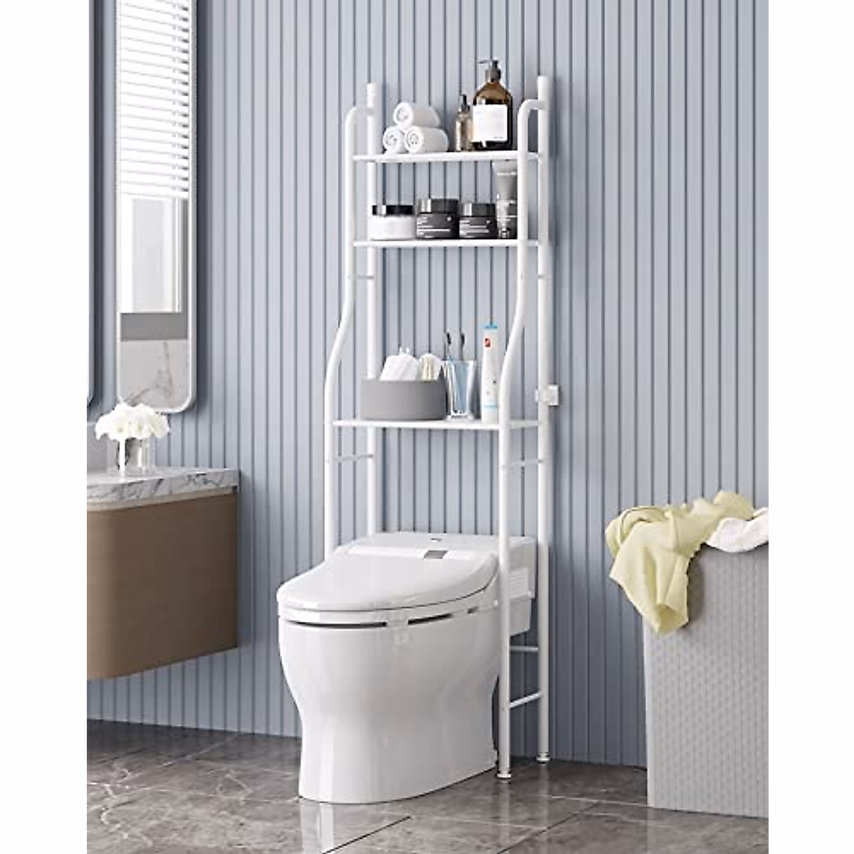 JOCHER 3-Tier Over The Toilet Storage Rack, Multifunctional Bathroom Organizer Over Toilet Shelf,Stable Freestanding Toilet Rack Storage Shelves, Space Saver,Metal,19.7" W x 9.85" D x 60" H(White)
