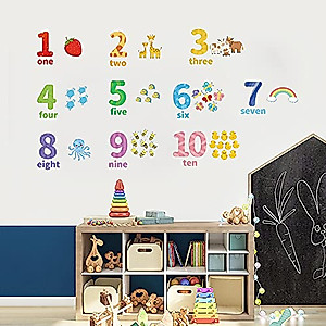 Large Number Wall Decals Stickers Educational Learning Wall Sticker Animal Arabic Numbers 1-10 Vinyl Counting Decals Peel and Stick Removable for Children Kids Toddlers Classroom Playroom Daycare