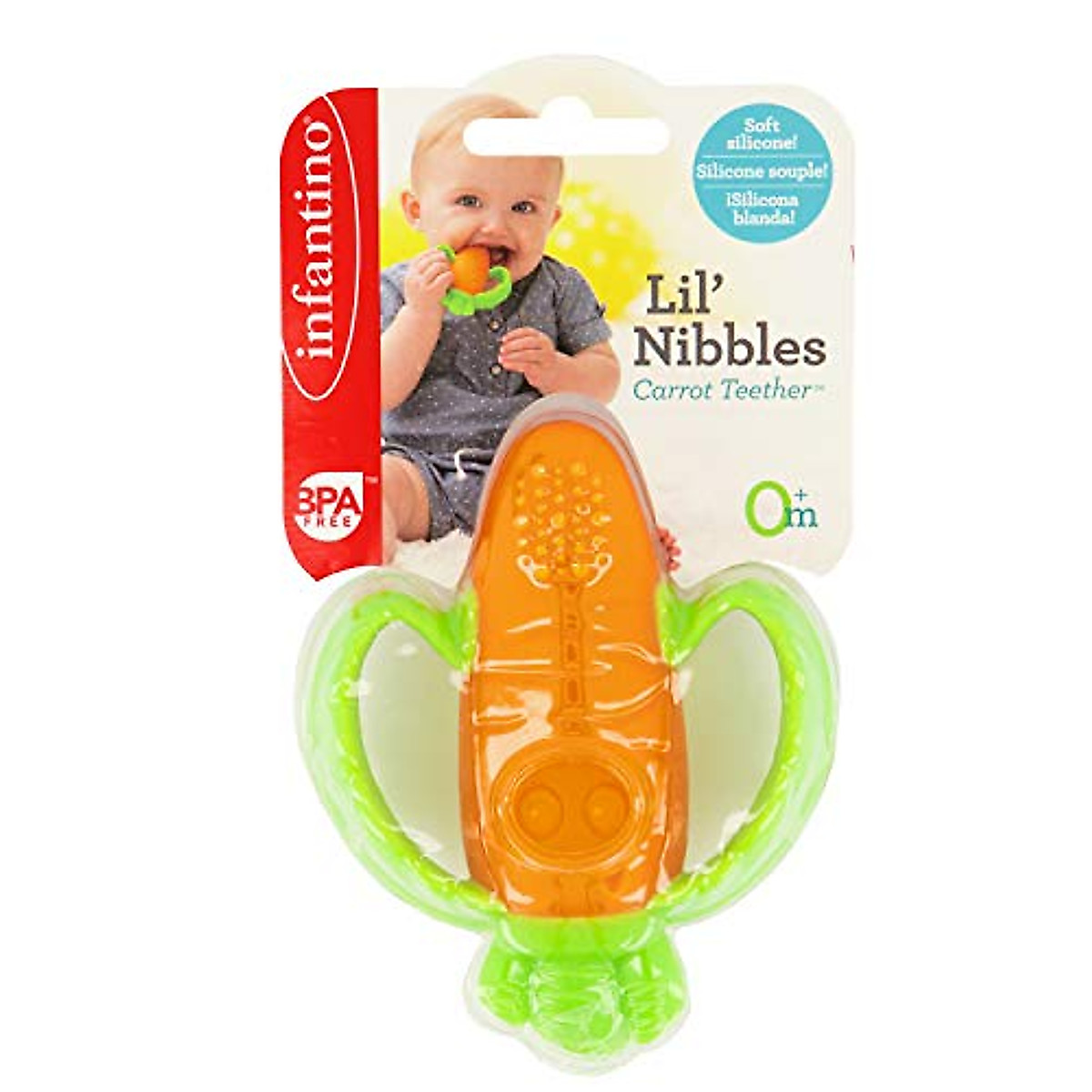 Infantino Lil' Nibbles Textured Silicone Teether -Sensory Exploration and Teething Relief with Easy to Hold Handles, Orange Carrot
