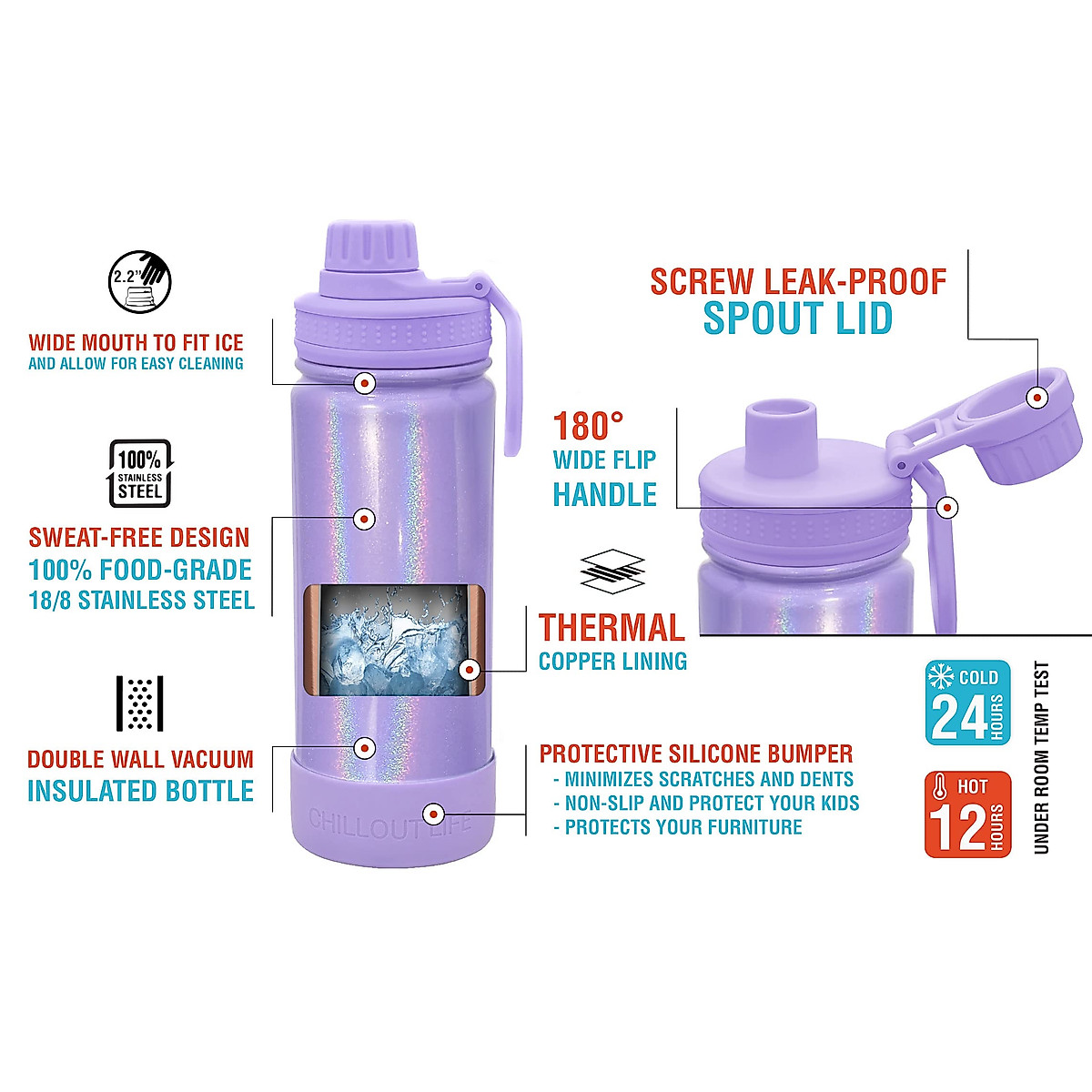 CHILLOUT LIFE 17 oz Kids Insulated Water Bottle for School with Leakproof Spout Lid and Cute Waterproof Stickers, Personalized Stainless Steel Thermos Flask Metal Water Bottle for Girls & Boys