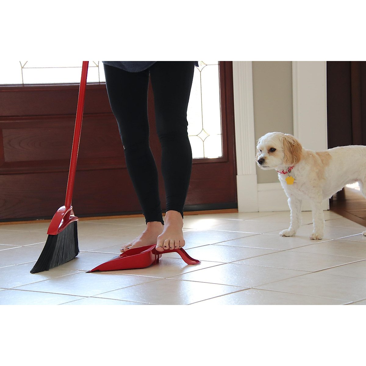 O-Cedar Pet Pro Broom & Step-On Dustpan PowerCorner, Red