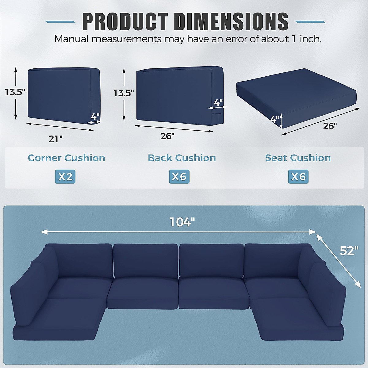 Crownland 14-Piece Outdoor Furniture Replacement Cushions, Water-Resistant Sofa Cushions for 6-Seat Rattan Wicker Sectional Patio Conversation Sets(Dark Blue)