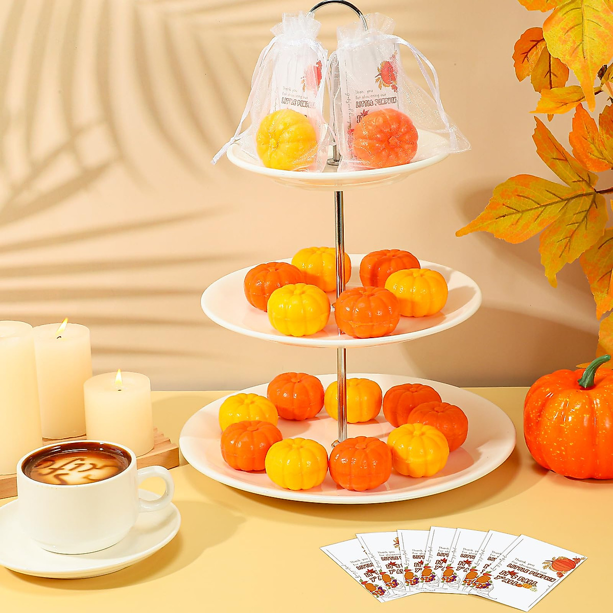 Liliful 100 Sets Mini Pumpkin Baby Shower Favors Included Pumpkin Soap Thanks Cards Drawstring Gift Bags for Fall Bridal Shower Wedding Autumn Thanksgiving Day Party Decorations Gifts