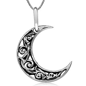 Silvershake 925 Sterling Silver Waning Crescent Moon Filigree Pendant with 1mm 18 Inch Venetian Box Chain Necklace