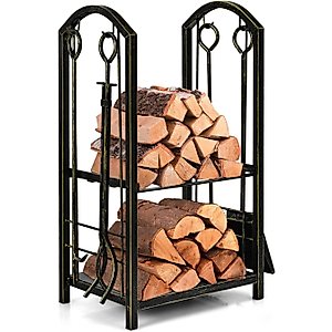 Tangkula Firewood Rack with 4 Fireplace Tools, Firewood Rack Bin Log Holder with Fire place Accessories Tools Set Includes Brush, Shovel, Poker, and Tongs(17.5 x 12 x 29 inches) (Bronze)
