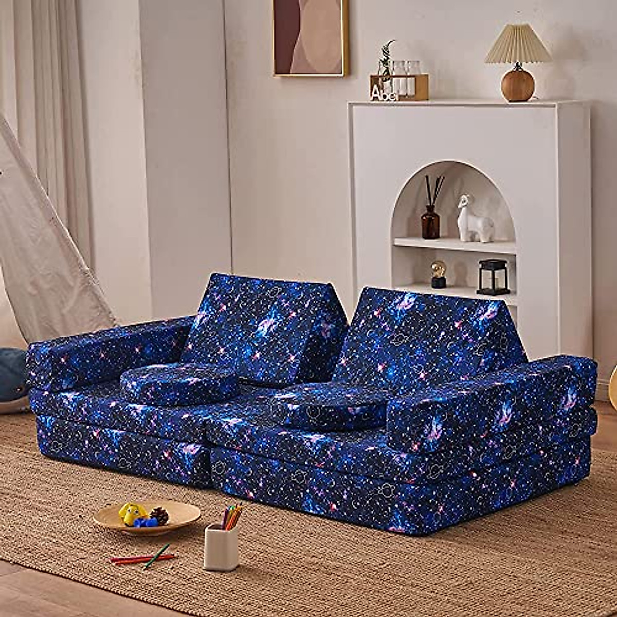 jela Kids Couch Extended Size 10PCS with futons, Floor Couch Floor Sofa Modular Furniture for Kids and Adults, Modular Foam Play Couch, Modular Sectional Sofa (Galaxy)