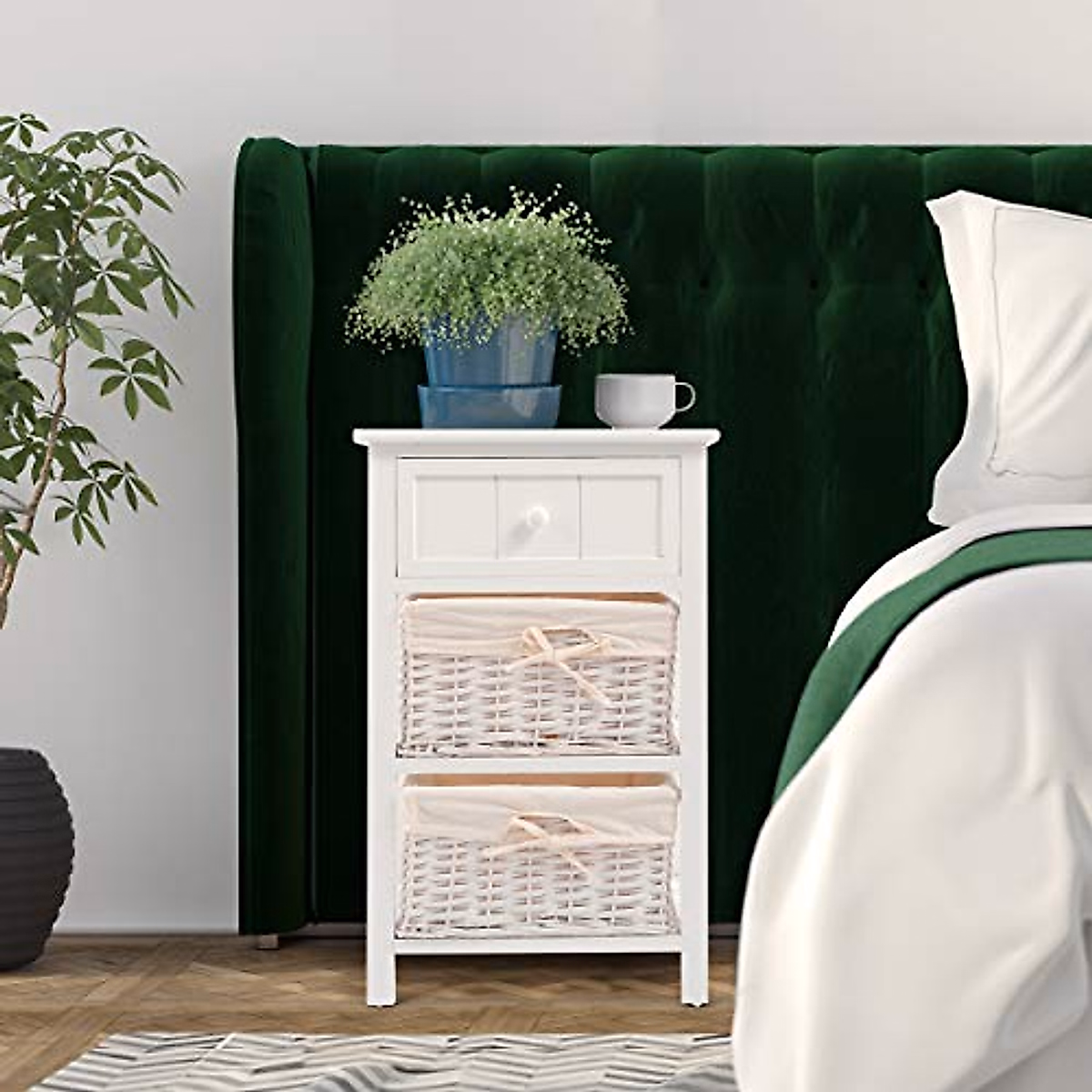 Giantex Nightstand with Drawers Wooden, W/ 2 Storage Baskets and Open Shelf for Bedroom, Bedside Sofa End Table (1, White)