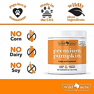 Wild Acre Pumpkin Powder for Dogs - No More Diarrhea or Scoots! - Digestive Puree Treat or Food Topper - Fiber Supplement for Dogs with Prebiotics Pumpkin for Dogs, 8oz