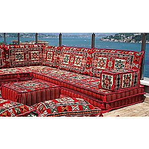 Corner Floor Seating, L Shaped Sofa Set,Turkish Sofa Set, Floor Couch, Oriental Floor Seating, Seating Sofa, Ethnic Sofa,Bohemian Furniture (L Sofa + Rug + Poufs)