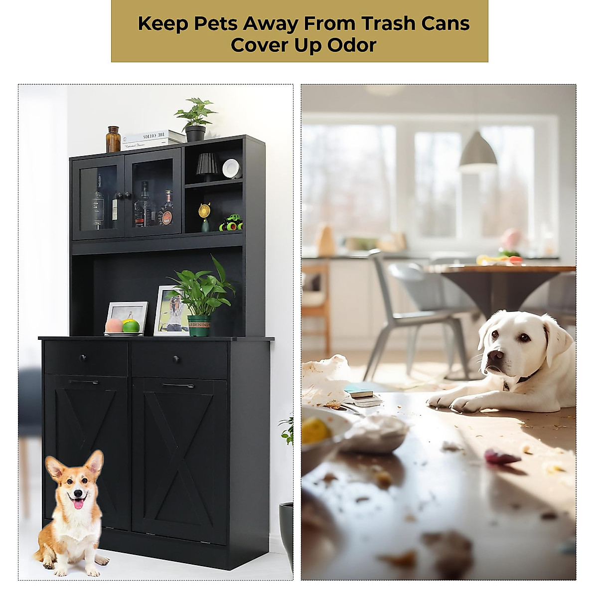 Arlopu Dual Tilt Out Trash&Storage Cabinet, Kitchen Sideboard Cupboard W/Pet Proof 10X2 Gal Hidden Garbage Holder, Freestand Laundry Sort Cabinet, W/Drawer, Shelves,Barn Door (Black)