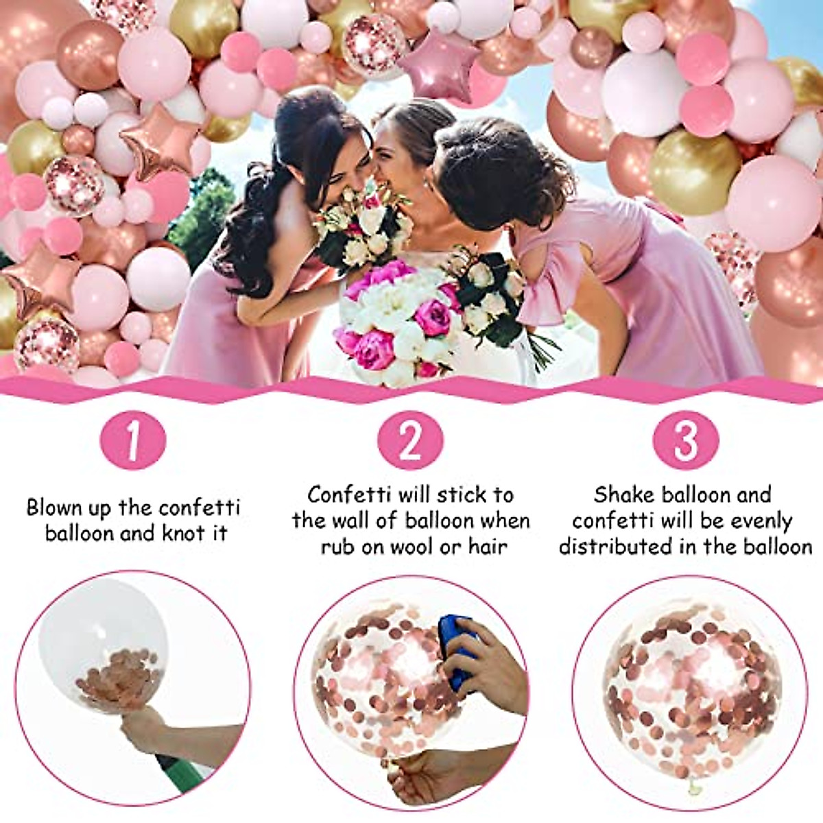 JULLIZ 144Pcs Rose Gold Pink Balloon Garland Arch Kit, Metallic Rose Chrome Gold Balloons for Birthday Wedding Party Bridal Shower Anniversary Decorations with Shiny Star Mylar Balloons