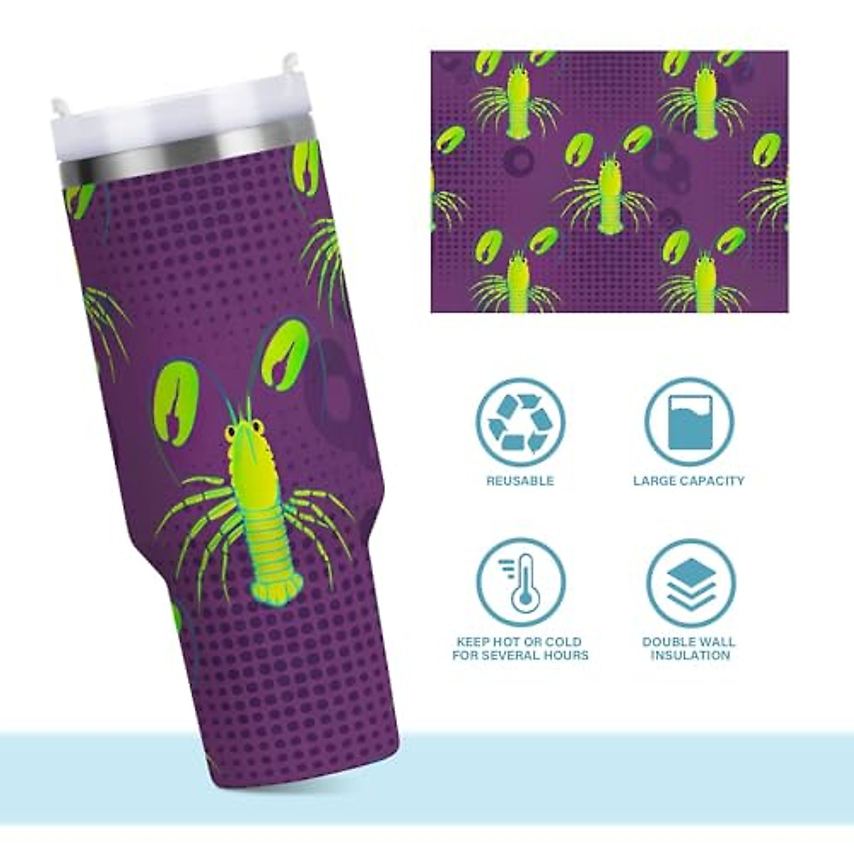 Lobsters Yellow Green Purple Double Insulated Tumblers with Handle and Straw Lid for Water, Insulated Tumbler 30 OZ / 0.89 L