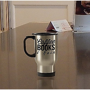 Book Lover Travel Mug - Novelty Gifts, Stainless Steel Insulated Cup By Vitazi Kitchenware - Great Gift for Bookworms, Readers, Book Nerds, Coffee Addicts Coffee Books & Rain (Silver)
