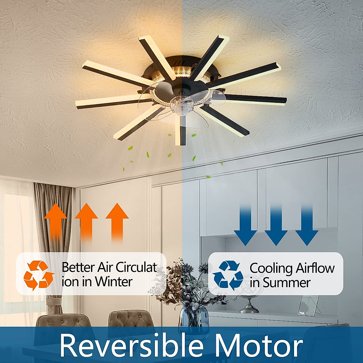 HuixuTe 27" Ceiling Fan with Lights Remote Control, 3 Colors 6 Speeds Personalized Fashion Geometric Ceiling Fan, Black Low Profile Ceiling Fan with Light for Kitchen Bedroom