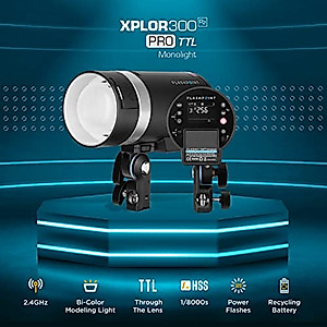 Flashpoint XPLOR 300 Pro TTL R2 Battery-Powered Portable Monolight for Strobe Light Photography, 300Ws, 2.4G HSS 1/8000 2600mAh Li-ion Battery, 0.01-1.5s Recycle Time, 5600±200K, LED Modeling Light