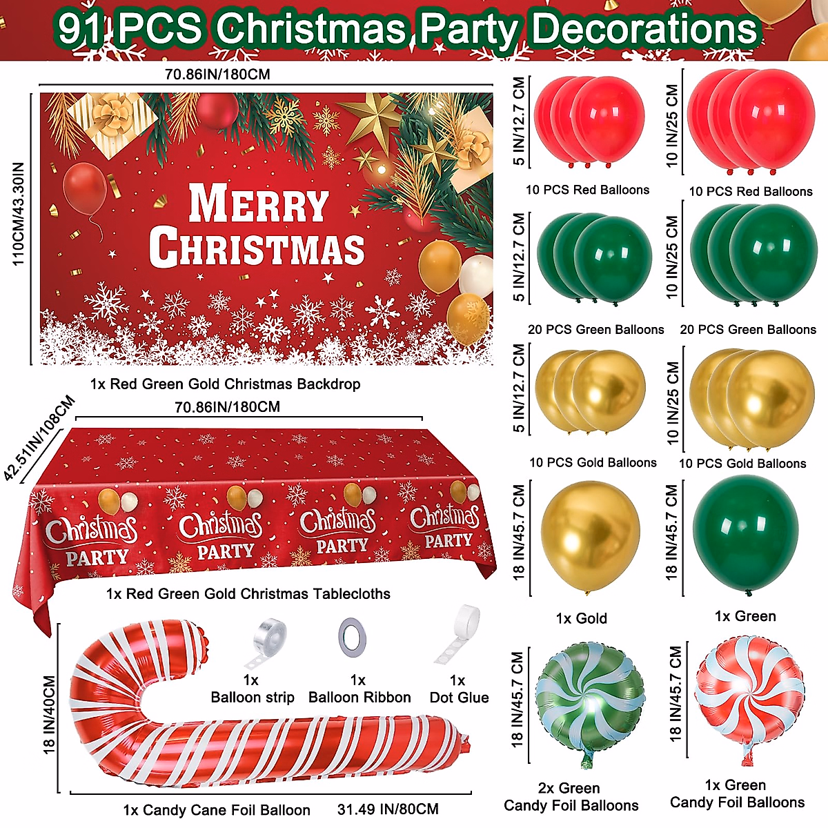 Christmas Decorations, Christmas Party Decorations-Christmas Balloon Arch Garland Kit with Green Red Candy Cane Balloons, Merry Christmas Backdrop Banner Tablecloths for XMAS Decorations Supplies