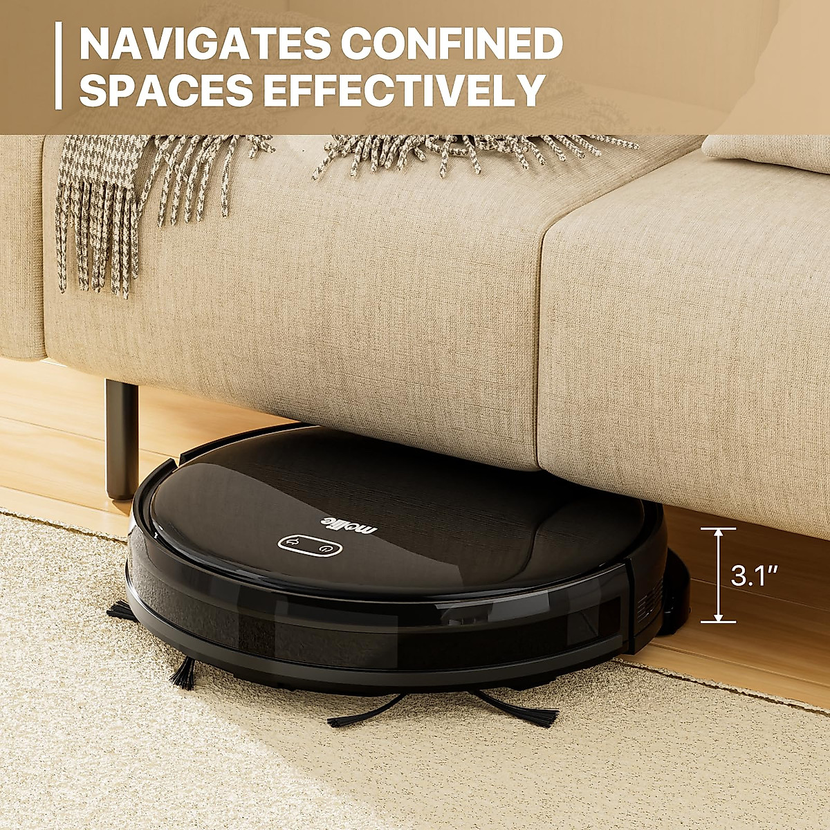 mollie Robot Vacuum and Mop with Wi-Fi/App, Automatic Self-Charging Robotic Vacuum Cleaner, 2800Pa Suction, Slim, Good for Hard Floors Carpets, Black