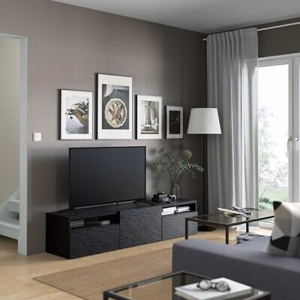 TV Unit with Drawers and Door,Black-Brown/Laxviken Black, 70 7/8x16 1/2x15 3/8 "