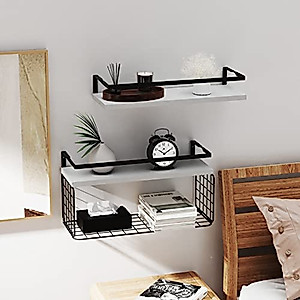 LoengMax Floating Shelves with Bathroom Paper Storage Basket, Wall Shelves Over Toilet with Protective Metal Guardrail Set of 2, Rustic Floating Shelf with Guardrail (White)