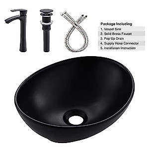 Black Oval Bathroom Sink with Faucet and Drain Combo - VASOYO 16"x13" Matte Black Bathroom Vessel Sink Above Counter Oval Porcelain Ceramic Bathroom Vessel Vanity Sink, Faucet and Drain Combo