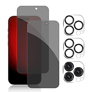 Pehael [2+2 Pack] iPhone 15 Pro Max Privacy Screen Protector with Camera Lens Protector Full Coverage Anti-Spy Tempered Glass Film 9H Hardness Upgrade Edge Protection Easy Installation Bubble Free