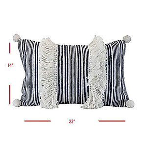 Foreside Home & Garden FIPL09258 Blue Decorative Throw Striped Woven 14x22 Outdoor Pillow w/Hand Tied Tassel Poms