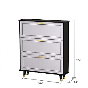 FAMAPY Entryway Shoe Storage Cabinet with 3 Flip Drawers, Wood Shoe Organizer for Entryway with Legs, Gold Handles, for Hallway Grey (35.4”W x 9.4”D x 47.2”H)