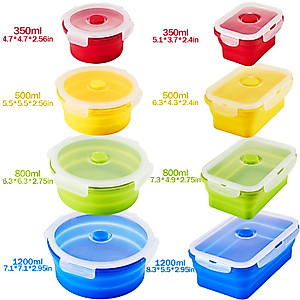 Mimorou 8 Pack Collapsible Food Storage Containers Silicone Lunch with Lids, 4 Pcs Rectangle Bowls and Round Bowls, Microwave Freezer Dishwasher Foldable