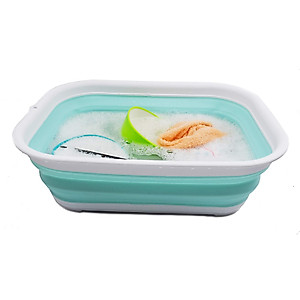SAMMART 12L (3.17 Gallon) Collapsible Tub - Foldable Dish Tub - Portable Washing Basin - Space Saving Plastic Washtub (1, White/Lake Green)