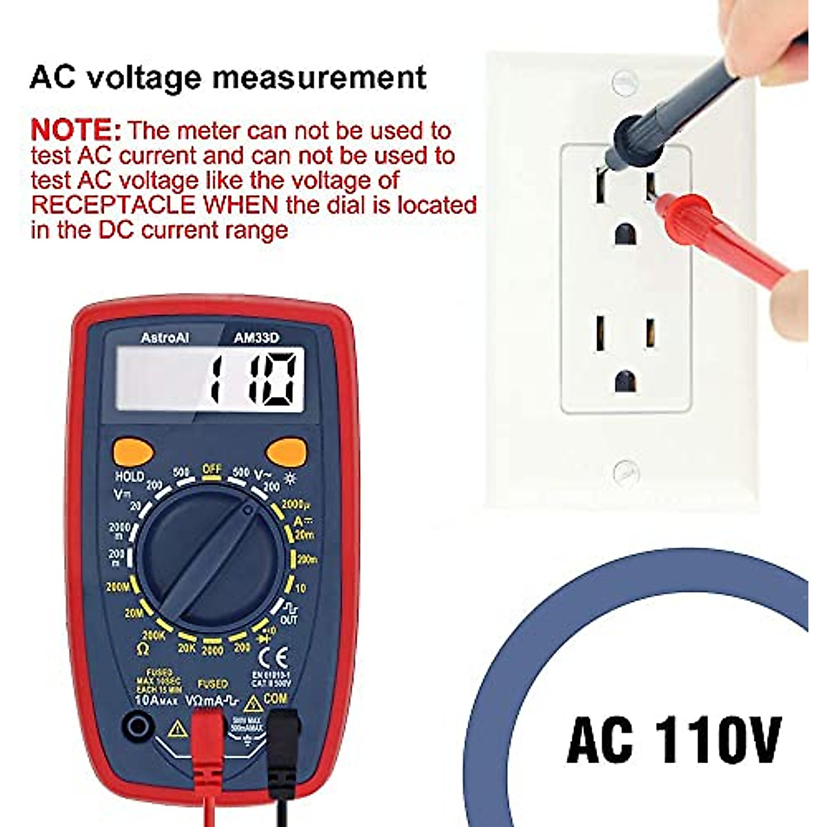 AstroAI Multimeter Tester 2000 Counts Digital Multimeter with DC AC Voltmeter and Ohm Volt Amp Meter ; Measures Voltage, Current, Resistance; Tests Live Wire, Continuity