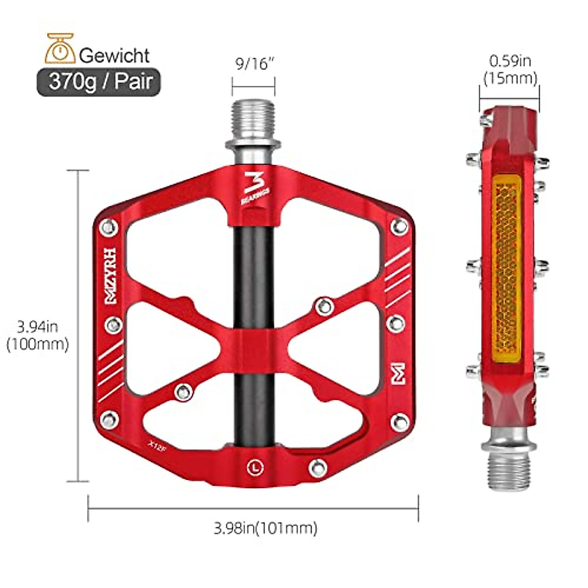 MZYRH Mountain Bike Pedals,Bicycle Pedals with Reflectors,Lightweight Aluminum Alloy MTB Pedals 3 Sealed Bearings Bicycle Platform Pedals 9/16" BMX Road Bike Pedal