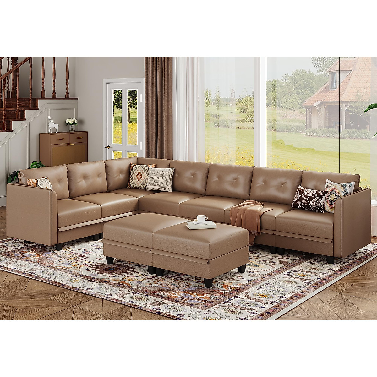 LLappuil Modular Sectional Sofa, Oversized U Shaped Sofa with Storage, Sectional Couch for Living Room, Faux Leather Fabric Waterproof Sofa, 8 Seats with Ottoman, Cognac Brown