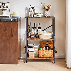 IBUYKE Kitchen Shelf Cart, 3-Tier Microwave Oven Stand, Baker’s Rack with Metal Frame and 8 Hooks, Industrial Printer Stand, Utility Standing Storage Shelf for Coffee Bar, Simple Assembly, TMJ023H