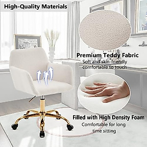 Modern Teddy Home Office Chair, Upholstered Cute Desk Chair with Gold Metal Legs, Adjustable Swivel Task Chair with Wheels, Vanity Chair for Girls Women Small Space Bedroom Study Makeup, White