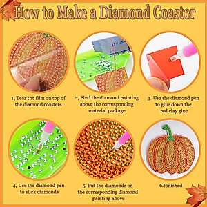 8Pcs Fall Diamond Art Painting Coasters Thanksgiving Diamond Art Coasters Kits with Holder Pumpkin Maple Leaf Turkey DIY 5D Diamonds Coasters for Autumn Harvest Party Adults Kids Beginners Craft