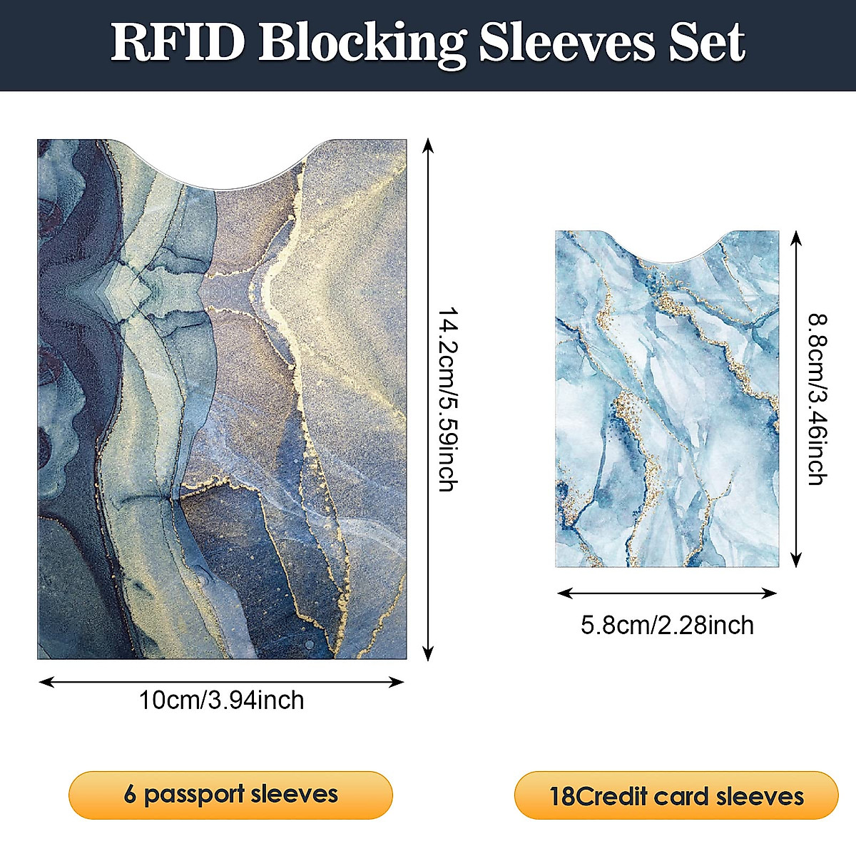 Woanger Set of 24 RFID Blocking Sleeves Includes 18 Credit Card and 6 Passport Sleeves Anti RFID, Aluminum Foil Slim Identity Theft Protection, Beautiful Marble Design
